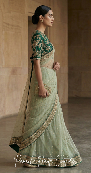 Mint Green Net Saree with Marodi Embroidery | Panache Haute Couture