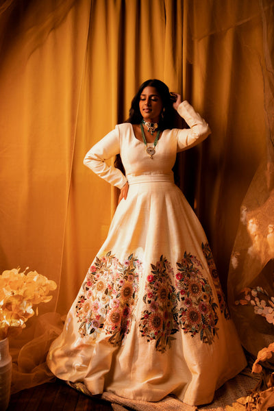 Mesmerizing Cream Color Floor-length Partywear Gown – Panache Haute Couture