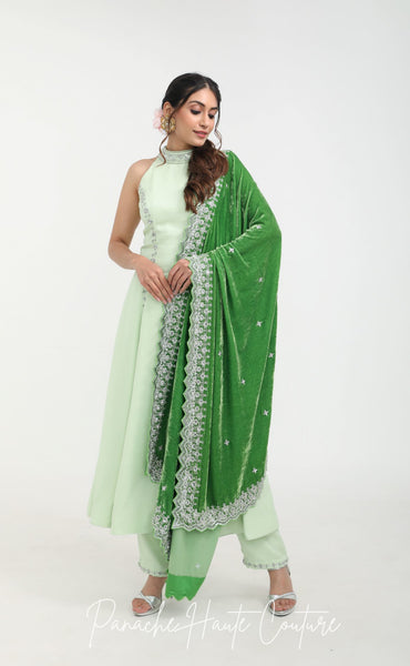 Green Color Silk Velvet Shawl – Panache Haute Couture