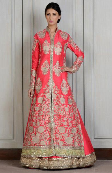 Coral color Long Jacket lehenga – Panache Haute Couture