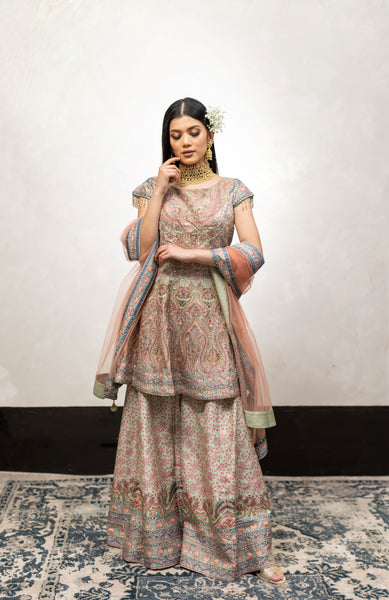Peach and Green Color Swarovski Work Wedding Sharara – Panache Haute ...