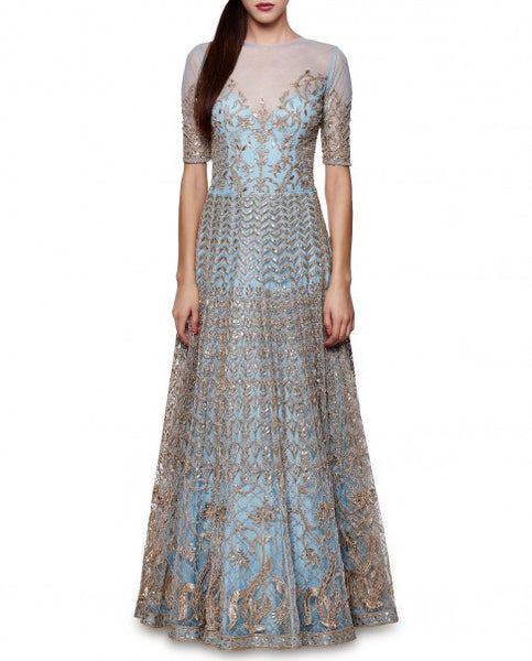 Powder Blue Gotta Patti Gown – Panache Haute Couture