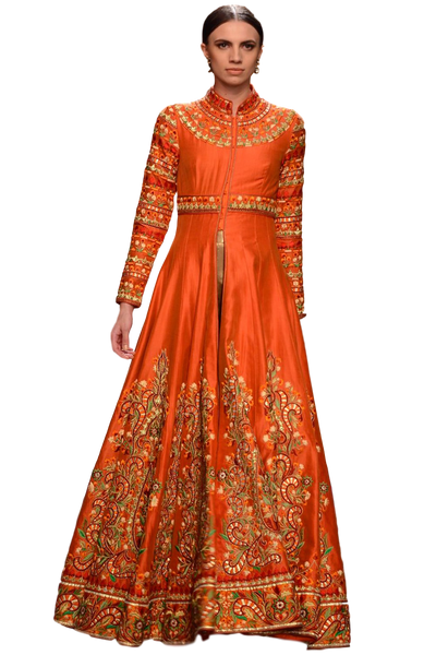 Orange color jacket anarkali and plazzo set – Panache Haute Couture