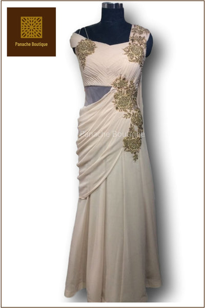 Hand Embroidered Georgette Beige Colour Saree Gown – Panache Haute Couture
