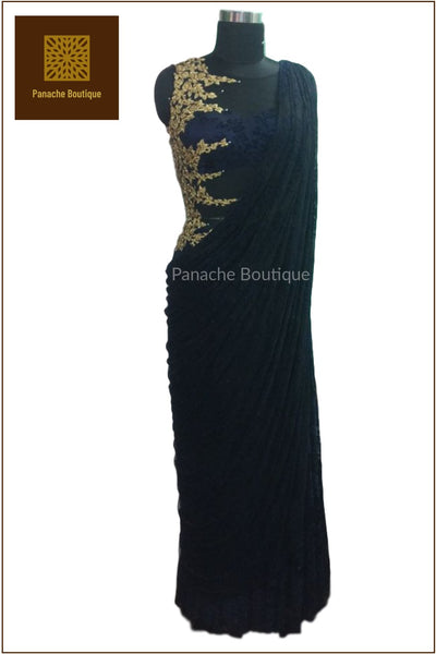 Textured Net fabric with Swaroski Hand Embroidered Black Colour Gown ...